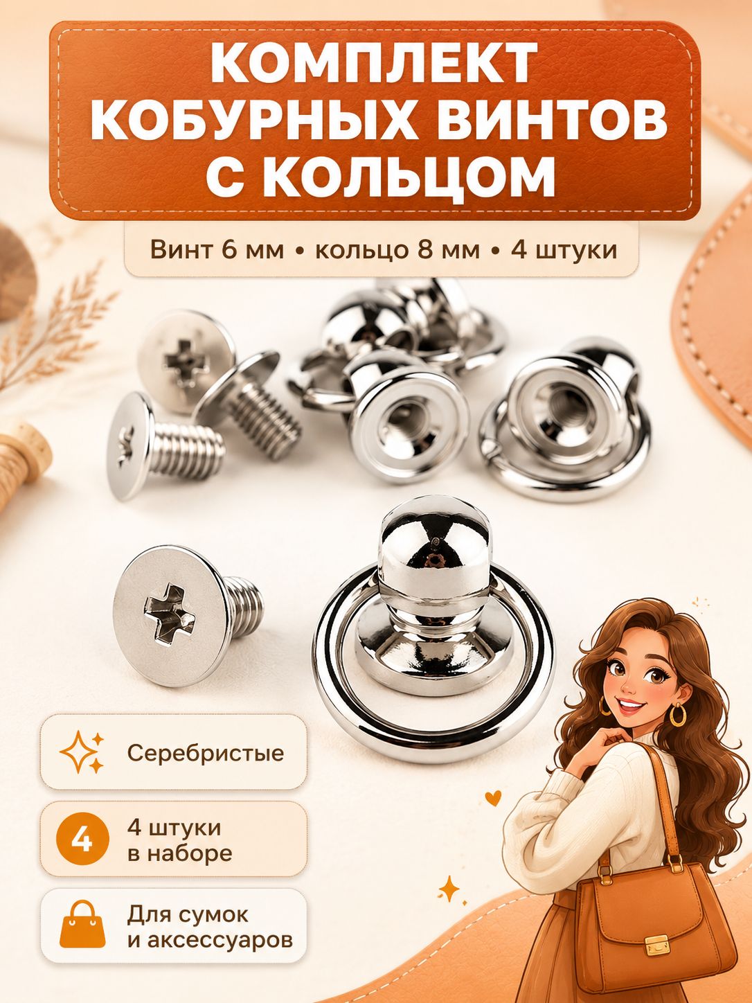 Комплект кобурных винтов с кольцом, винт 6 мм, кольцо 8 мм, 4 штуки, серебристые