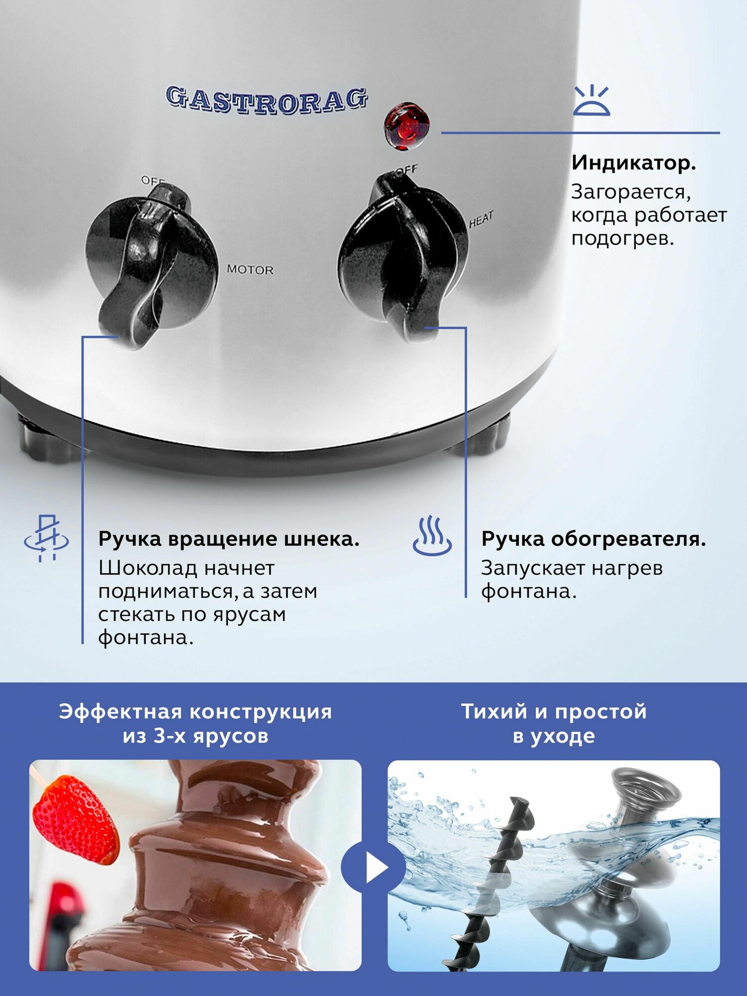 Шоколадный фонтан настольный Chocolate Fondue Fountain GASTRORAG CF16A, 3 яруса, мини фондюшница для шоколада, фондю электрическое, для праздника, на свадьбу.