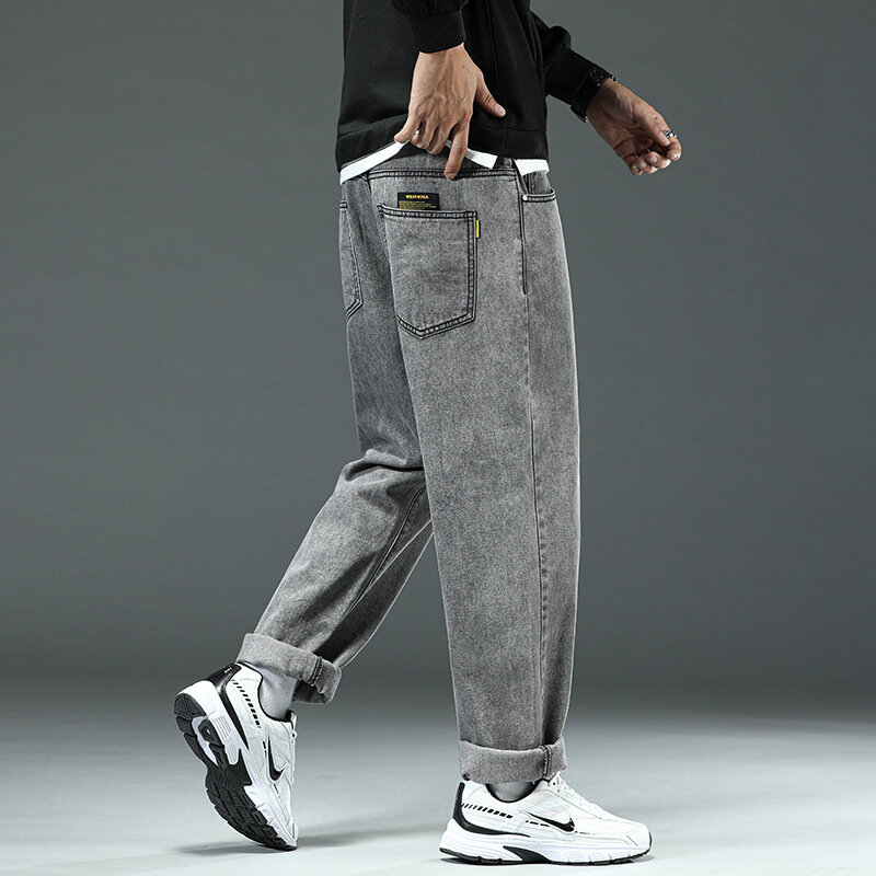 Охоты Брюки JYL Чистый цвет Большой муж. модные джинсы муж. свободн. прямой нога с добавлен. толстый плус размер длинные штаны муж. минималист. папа штаны муж. Грей/44