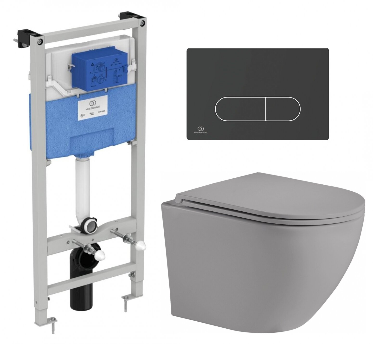 Комплект 3 в 1 инсталляция Ideal Standard + Унитаз подвесной Weltwasser WW Merzbach 043 MT-GR + кнопка черная