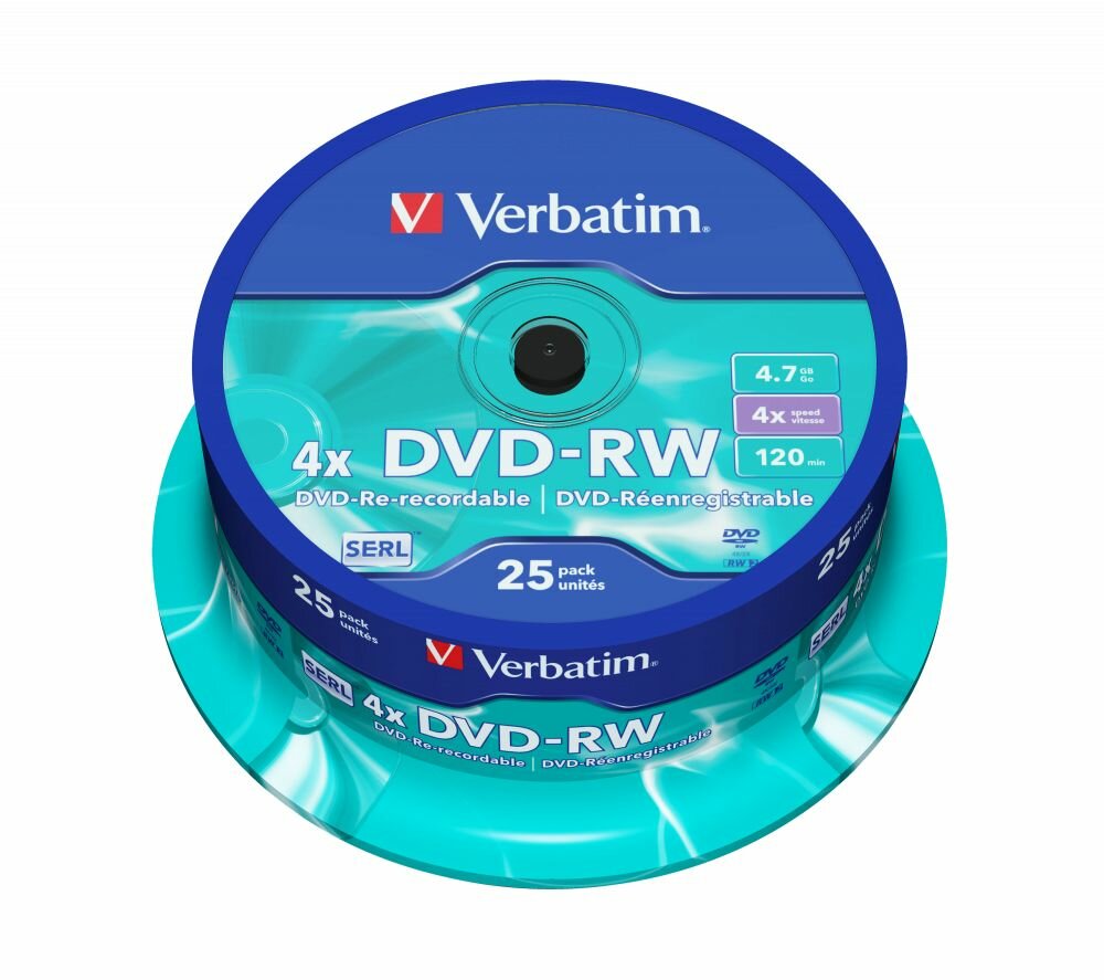 Оптические диски Verbatim DVD-RW 4.7 ГБ 4X SERL серебристый матовый 25 шт. на шпинделе