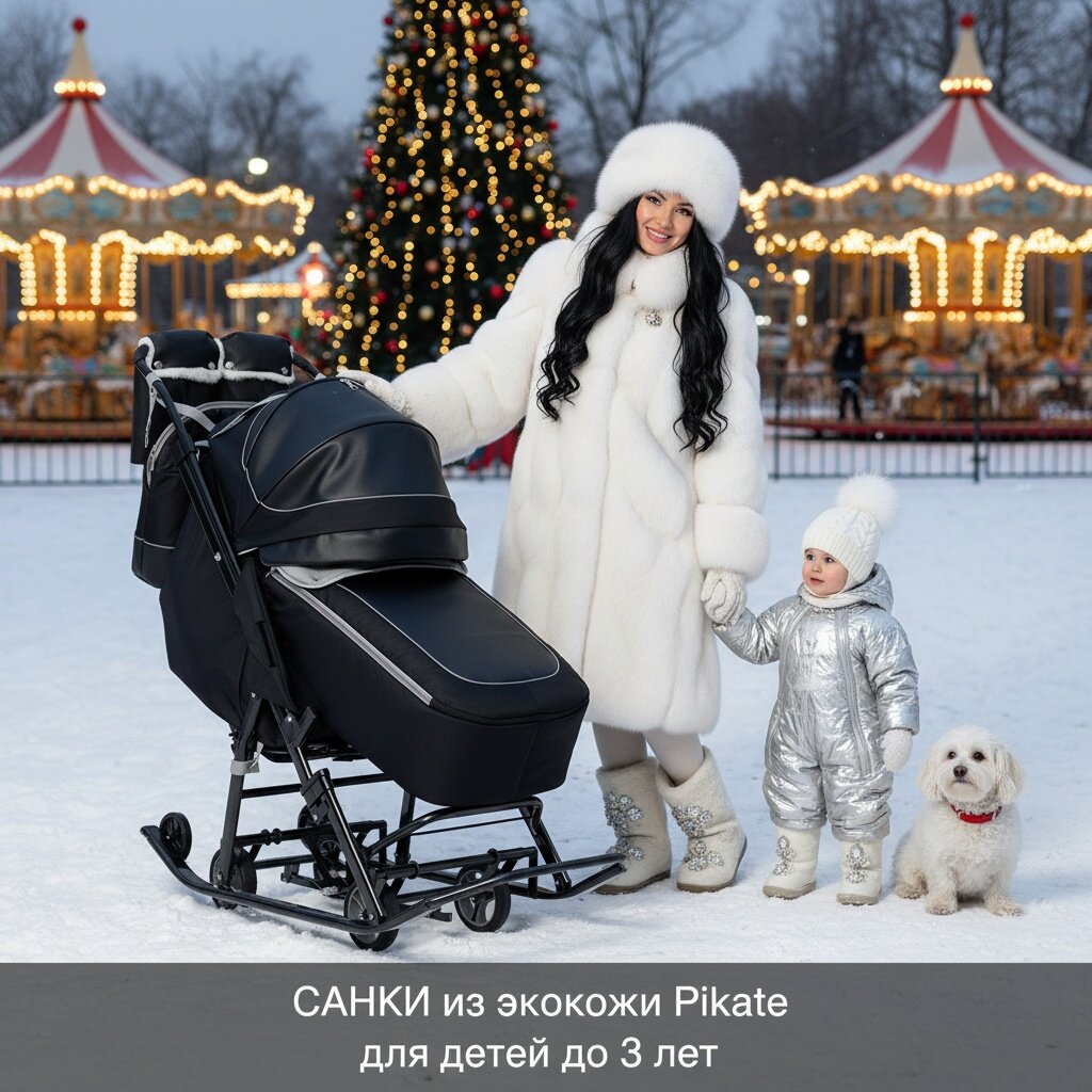 Санки-коляска, выдвижные колеса, экокожа Pikate "Deluxe " c бампером, механическая спинка.