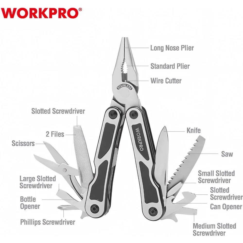 Многоцелевые плоскогубцы WORKPRO 15в1, 150 мм WP382009, нержавеющая сталь, серый — фото 1