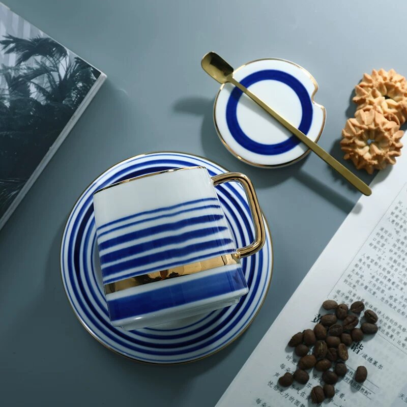 Летняя фарфоровая чашка для кофе, ручная роспись сапфировый дизайн, винтажный стиль, с крышкой и ложкой