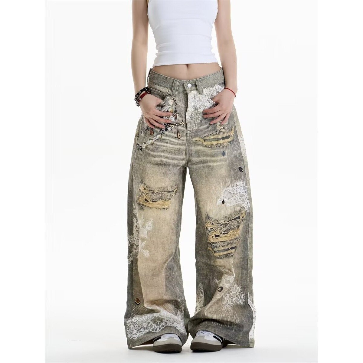 JYL Джинсы Женские Карго Винтажные Большие Карманы Стильные Деним, Размер_S