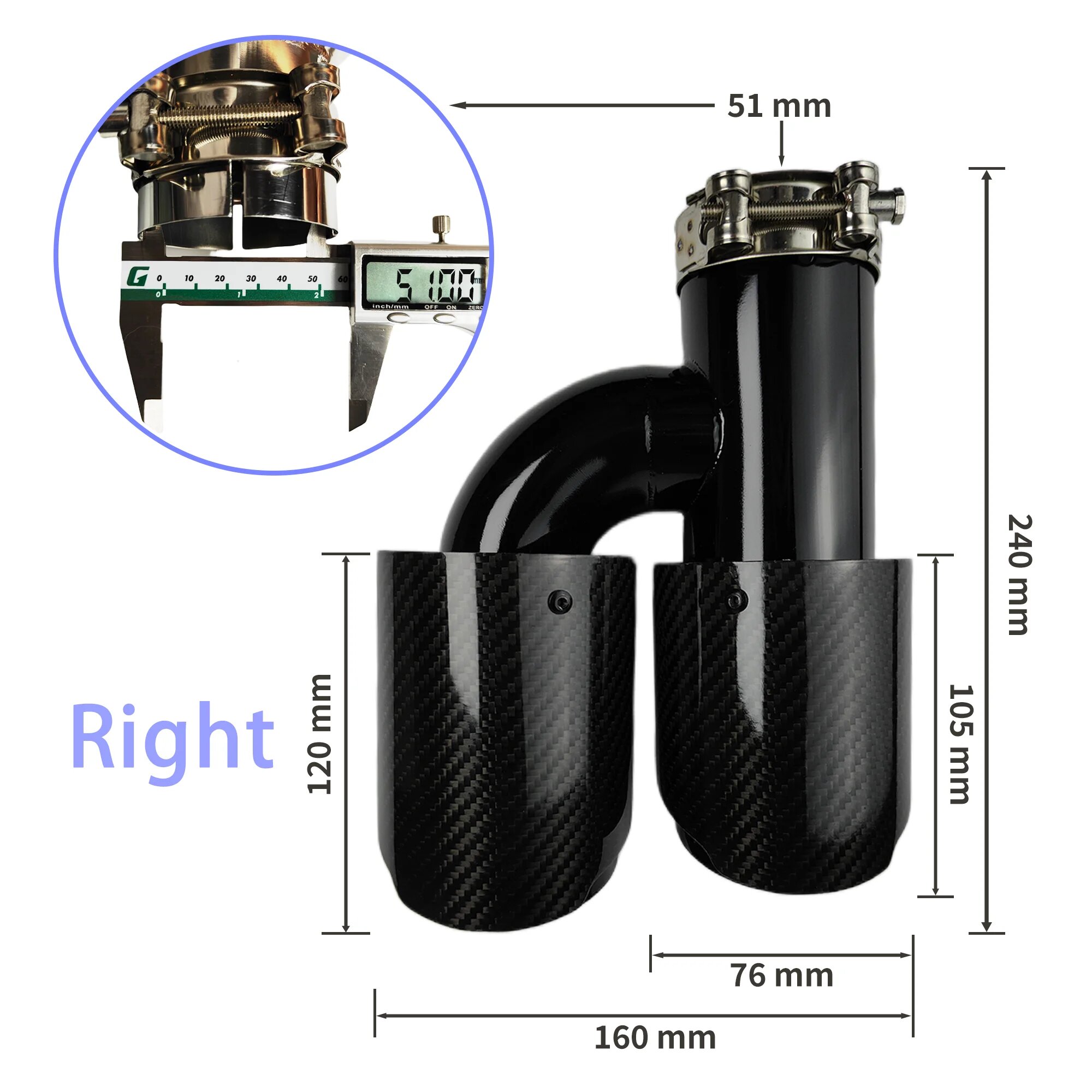 1 шт. Универсальный автомобильный глоссированный H-образный двойной выхлопной 51mm-76mm-Right