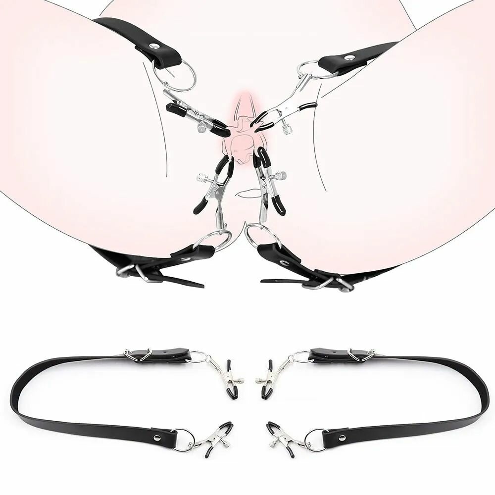 Товары для взрослых, Ремни для раздвижения половых губ с зажимами, Набор из двух штук Черный