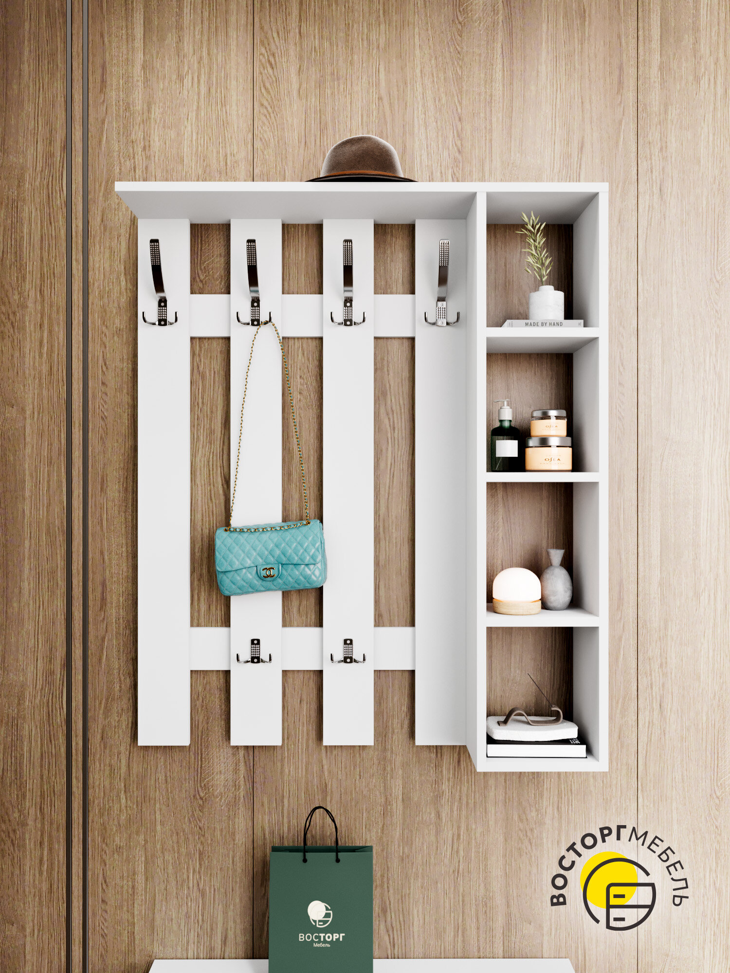 Настенная вешалка ВосторгМебель, с полками, белая, 6 крючков