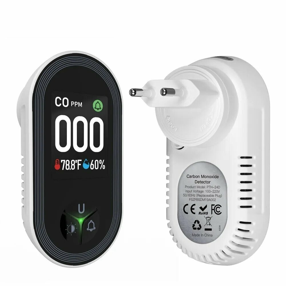 Детекторы монооксида углерода комбинированные 3 в 1 для подключения к розетке, оснащенные большим дисплеем для измерения уровня CO, температуры и