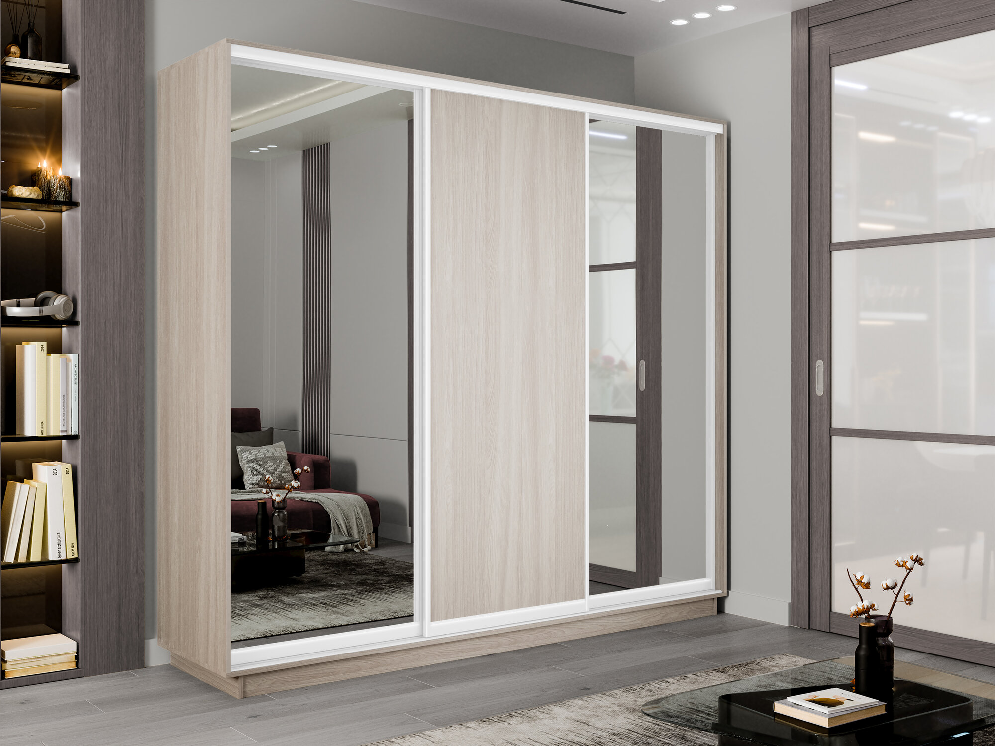 Шкаф купе Вилли 3-х дверный ЛДСП, (2-зеркала/ДСП) , профиль белый 240 см х 220 см х 60 см (Ясень Шимо светлый)