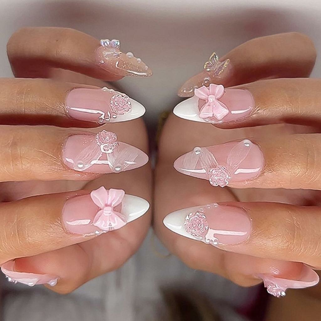 24 штуки фальш-ногти с цветами и бантом