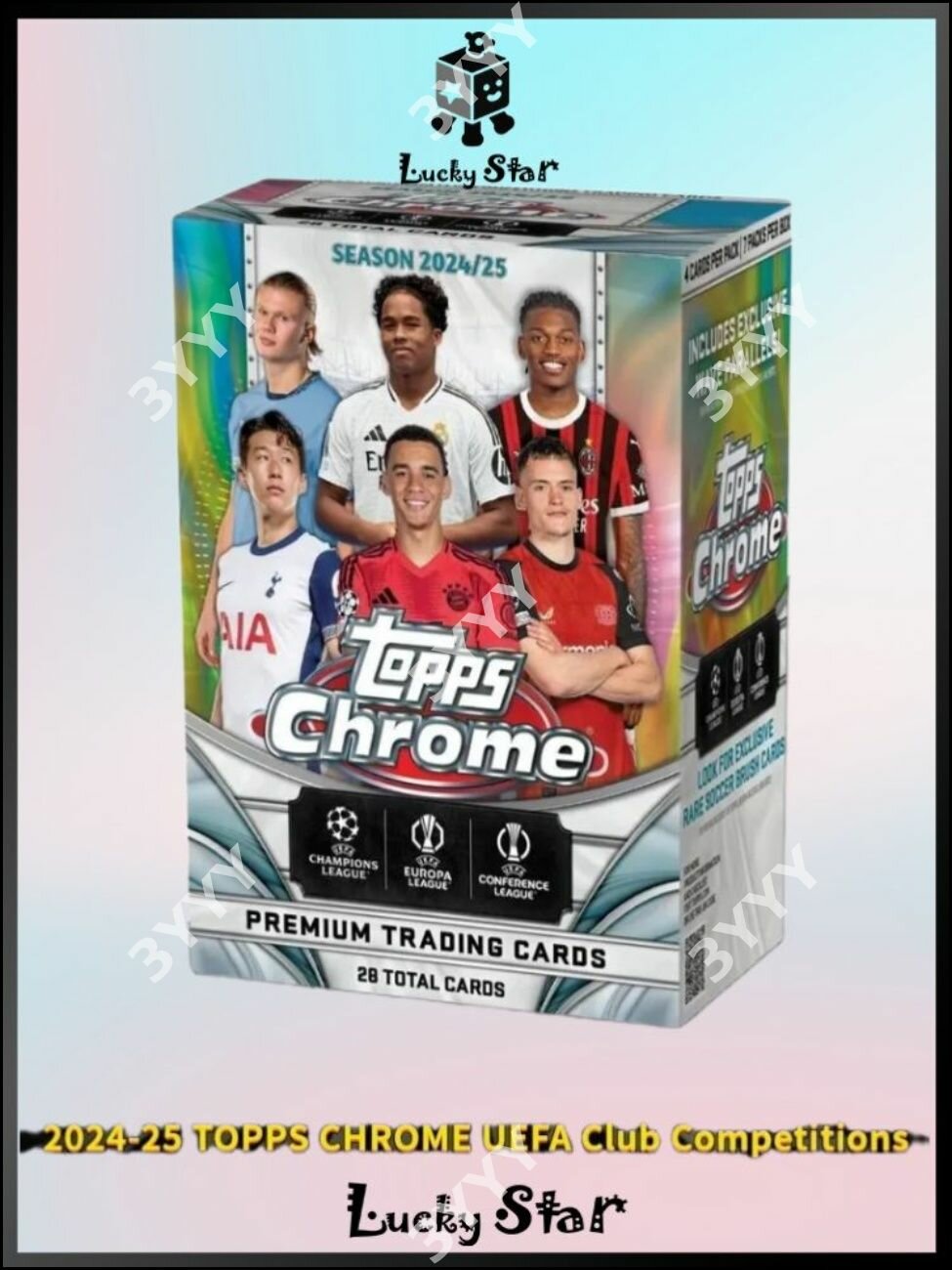 Эксклюзивный бластер коллекционных карт UEFA 2024/25 Topps CHROME с 7 упаковками, всего 28 карточек Лиги чемпионов