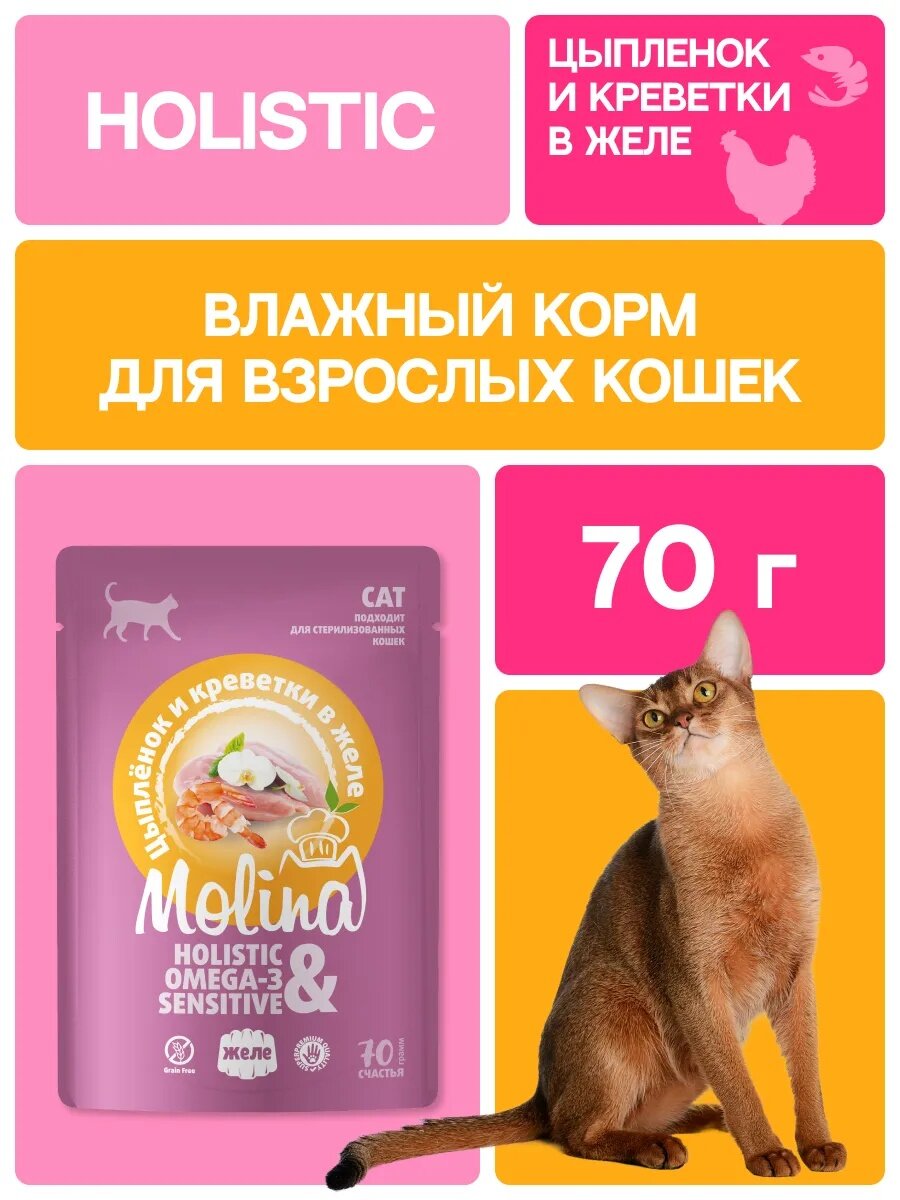 Паучи Molina для кошек любых пород, цыплёнок и креветки в желе 70гр