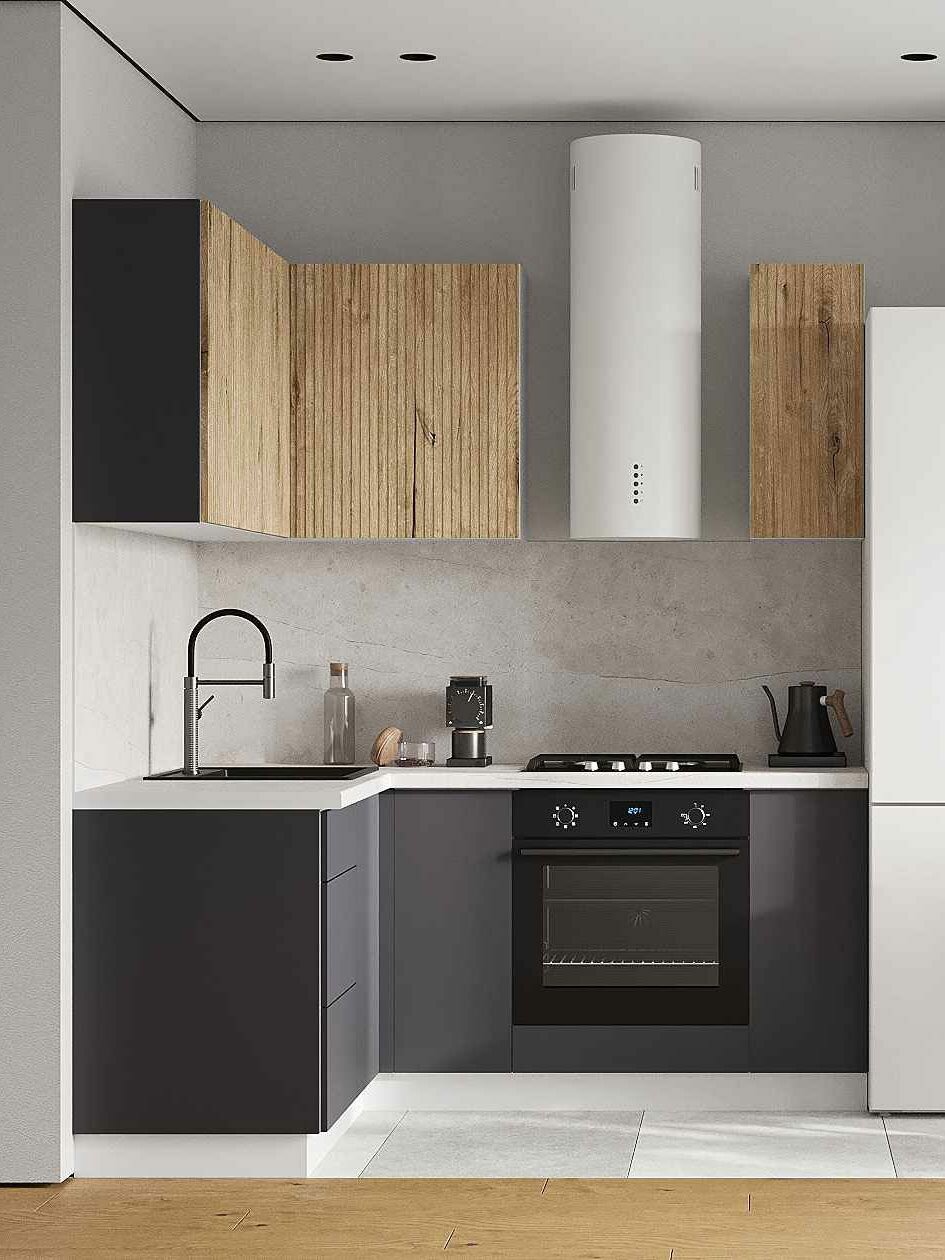 Кухонный гарнитур угловой Комби 1.8х1.5 м, мебель для дома и кухни, Белый / Дуб Торонто / Графит