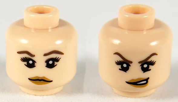 Minifigure, Head Dual Sided Female Dark Brown Eyebrows and Eye Shadow, Black Eyelashes, Lower Eyelids, Medium Nougat Lips, Neutral / Lopsided Open Mouth Scowl with Teeth Pattern, 3626pb0564 Light Nougat U