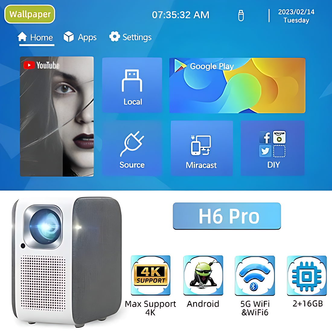 Проектор TouYinGer H6 PRO Android 1920x1080 (Full HD), 3000:1, 6500 лм, LCD