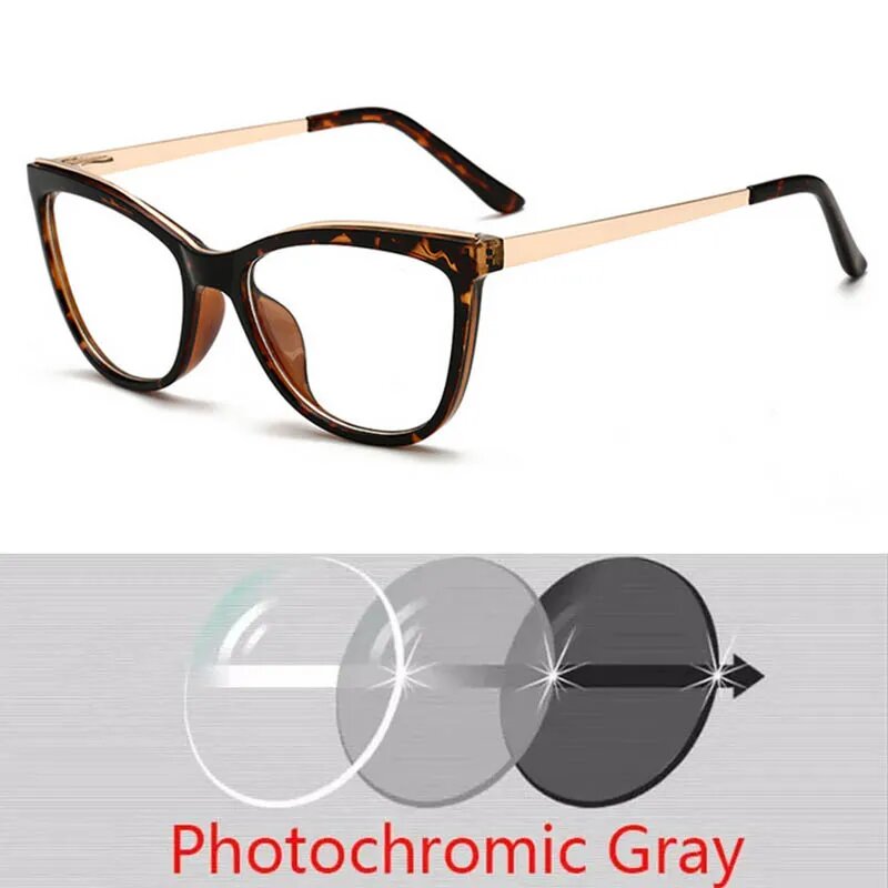 Очки Cat Eye фотохромные серые, BINSYSU, -750, leopard frame gray