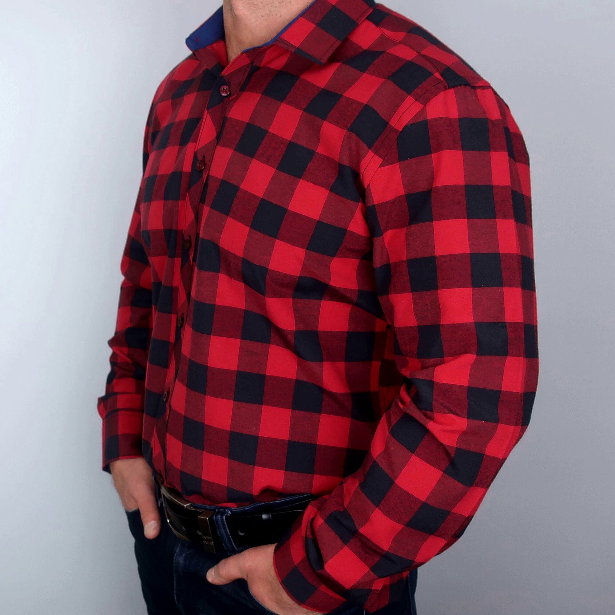 Рубашка Мужская рубашка с длинным рукавом приталенная, темная сорочка на пуговицах, рубаха на любой сезон, красная клетка, без карманов, на любой сезон и на лето рубашка Slim fit с приталенным кроем зауженная