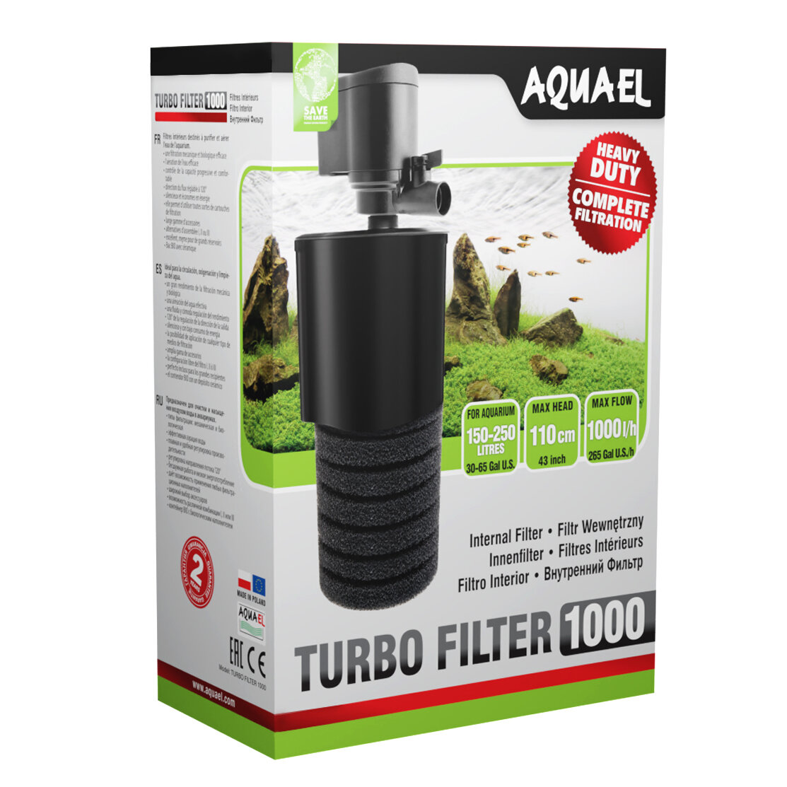 Фильтр внутренний AQUAEL TURBO FILTER 1000 для аквариума 150-250л (1000л/ч, 11Вт, h=110см)