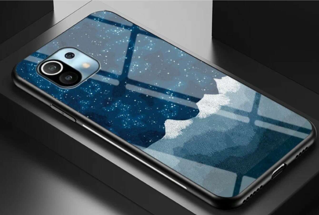 Чехол-бампер для Xiaomi Mi 11 Lite (NFC) / 11 Lite 5G NE силиконовый с закаленным стеклом на заднюю крышку Снежные горы