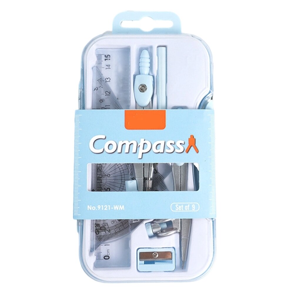 1 набор из 9 предметов, линейка, циркуль, набор для рисования-синий