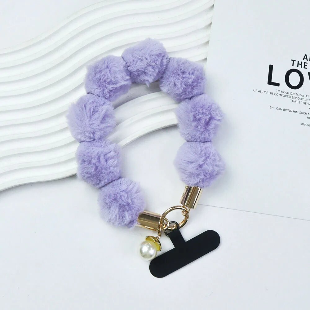 Милый Зимний Плюшевый Ремешок Для Телефона С Жемчугом, Женский Брелок-браслет, Модный, Повседневный