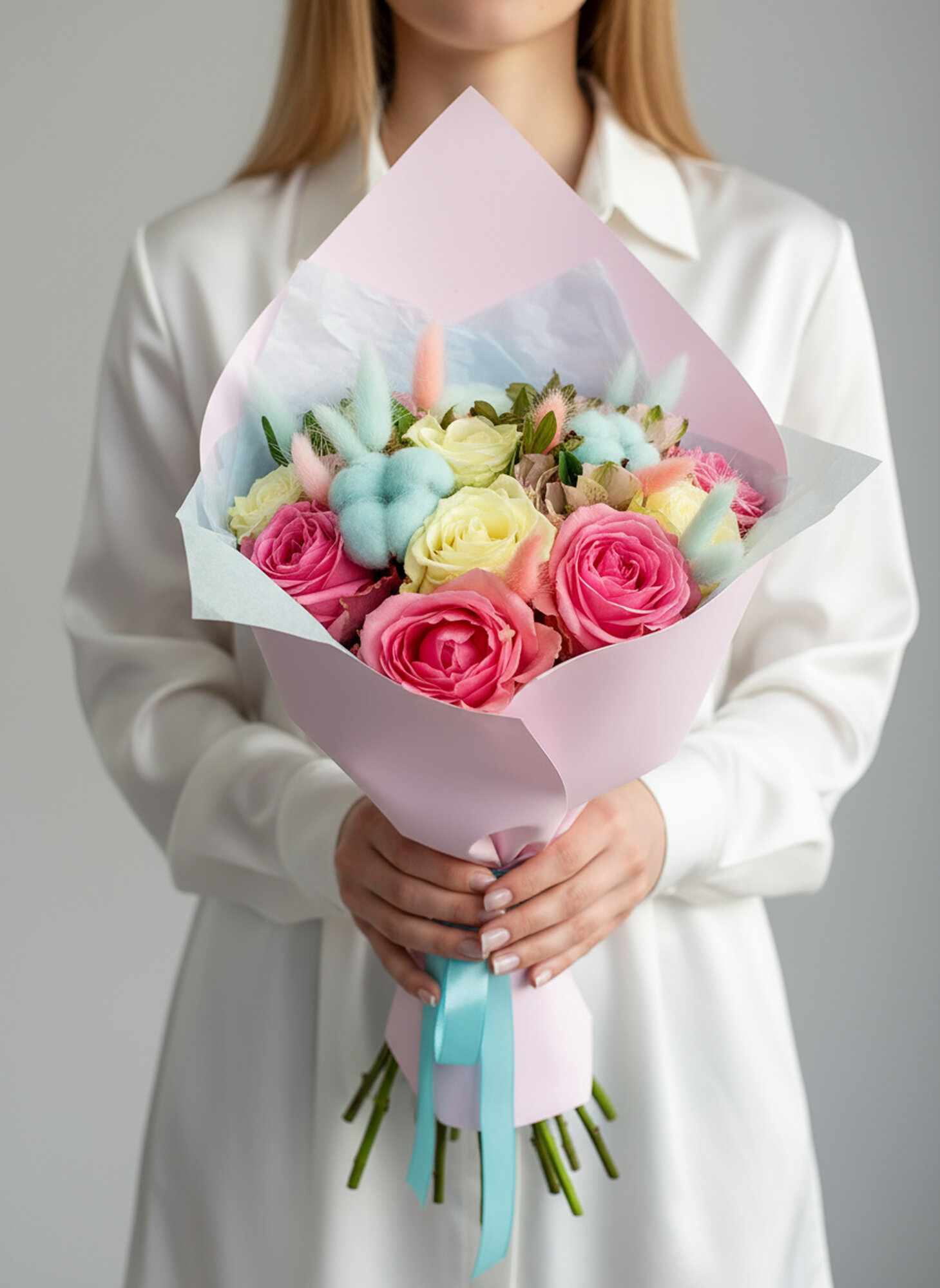 Букет Vornikov Bouquet "Афродита", розовая и белая роза, хлопок, лагурус, альстромерии
