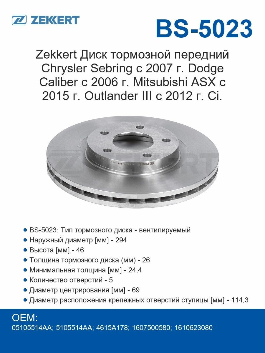 Zekkert Диск тормозной передний Chrysler Sebring с 2007 г. Dodge Caliber с 2006 г. Mitsubishi ASX с 2015 г. Outlander III с 2012 г. Ci.