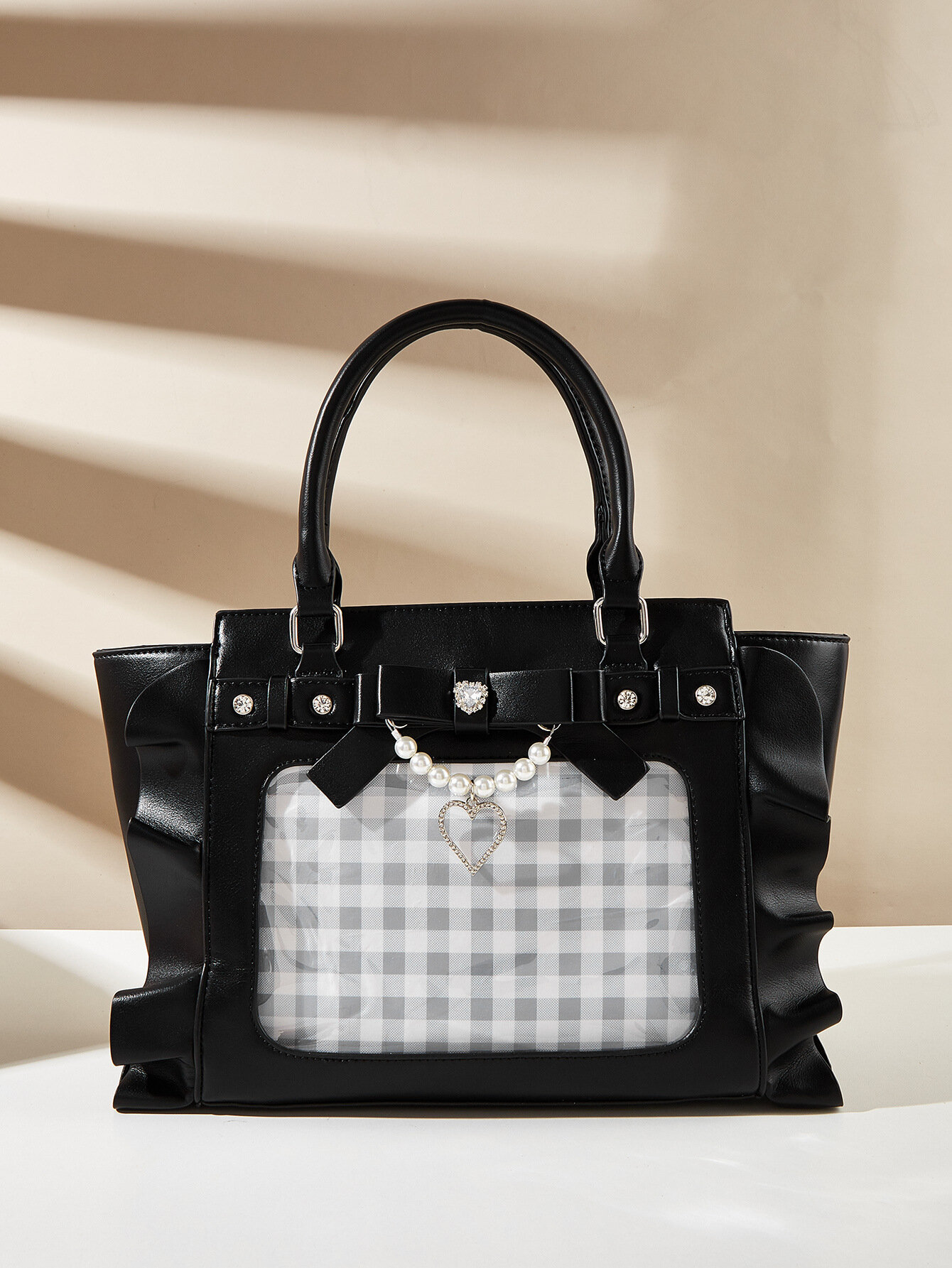 【В наличии PU】Японский стиль маленькая сумка в стиле Chanel с сердечком, маленькая вместимость, кружевная жемчужная женская сумка через плечо