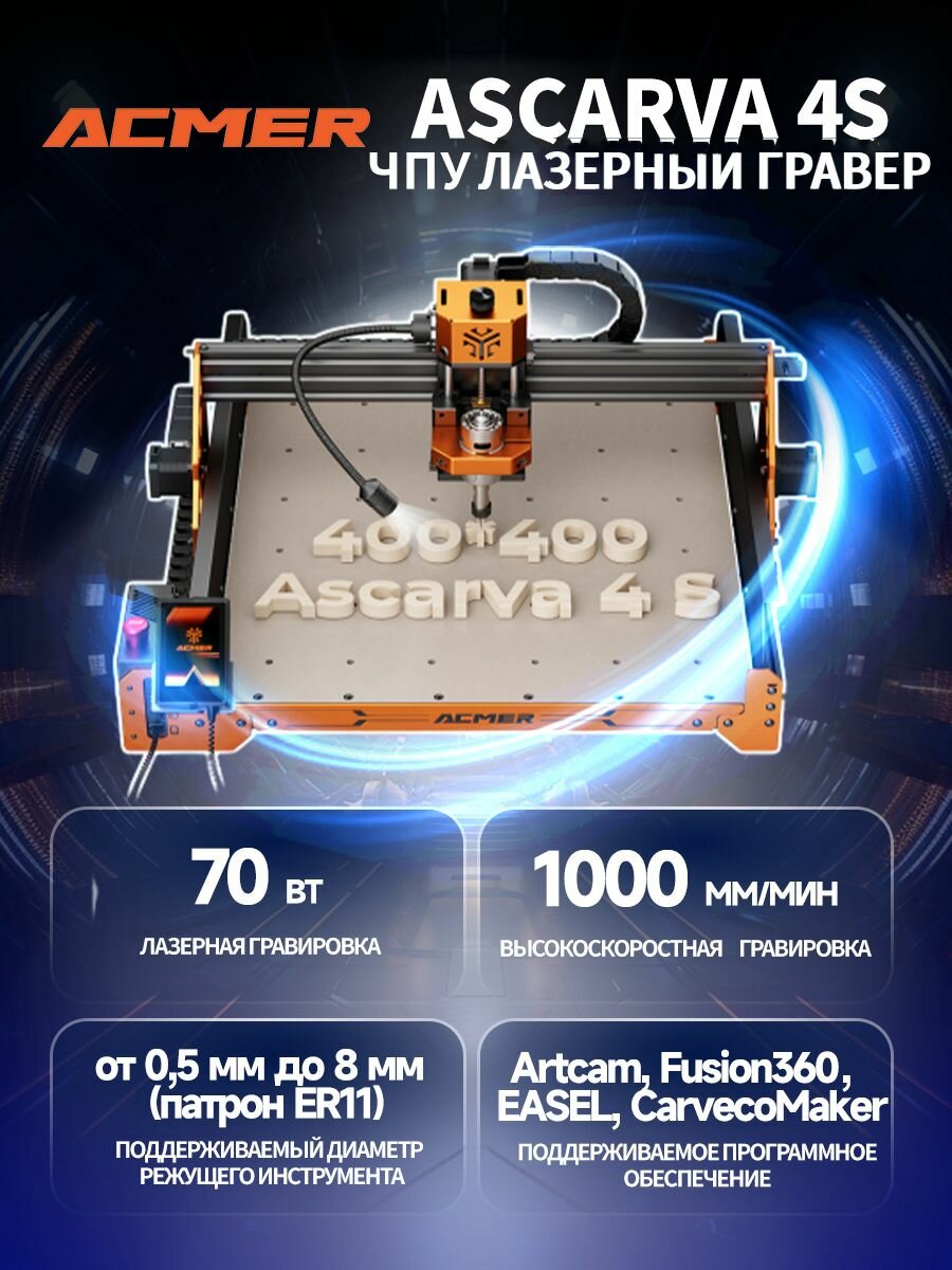 ACMER Ascarva 4 S: Универсальный станок с ЧПУ (лазерный модуль приобретается отдельно). Для дерева, металла, акрила.