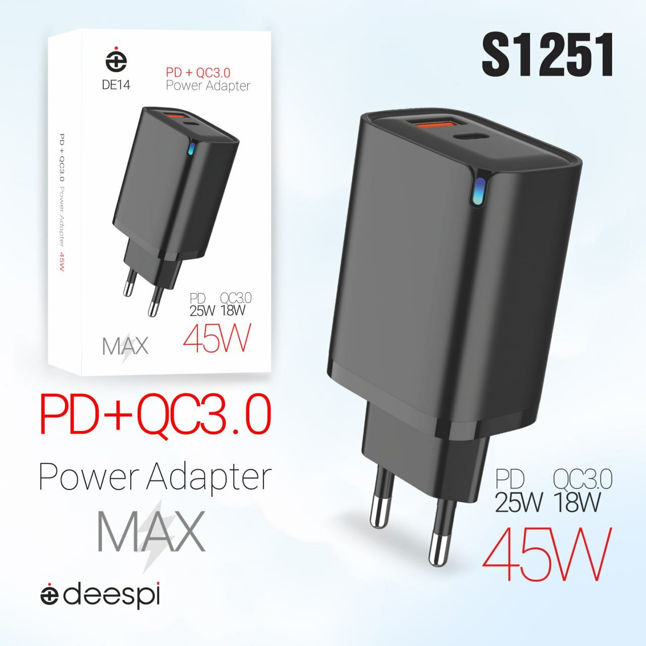 Сетевое зарядное устройство для телефона deespi DE14 25W QC3.0+PD25W Black / Зарядка для Andoid и Iphone / Блок питания