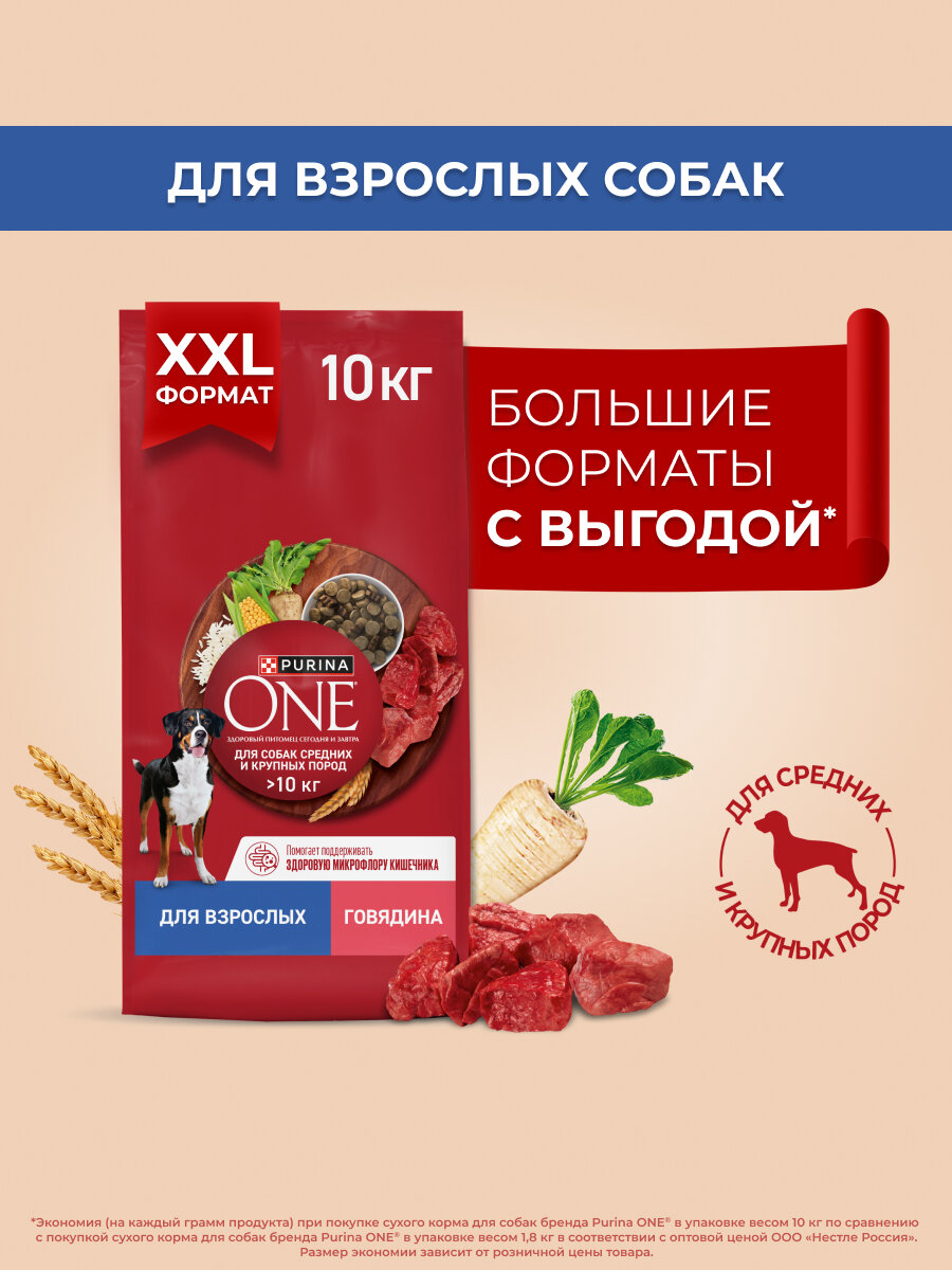 Сухой корм PURINA ONE® для взрослых собак средних и крупных пород, с говядиной и рисом, 10 кг