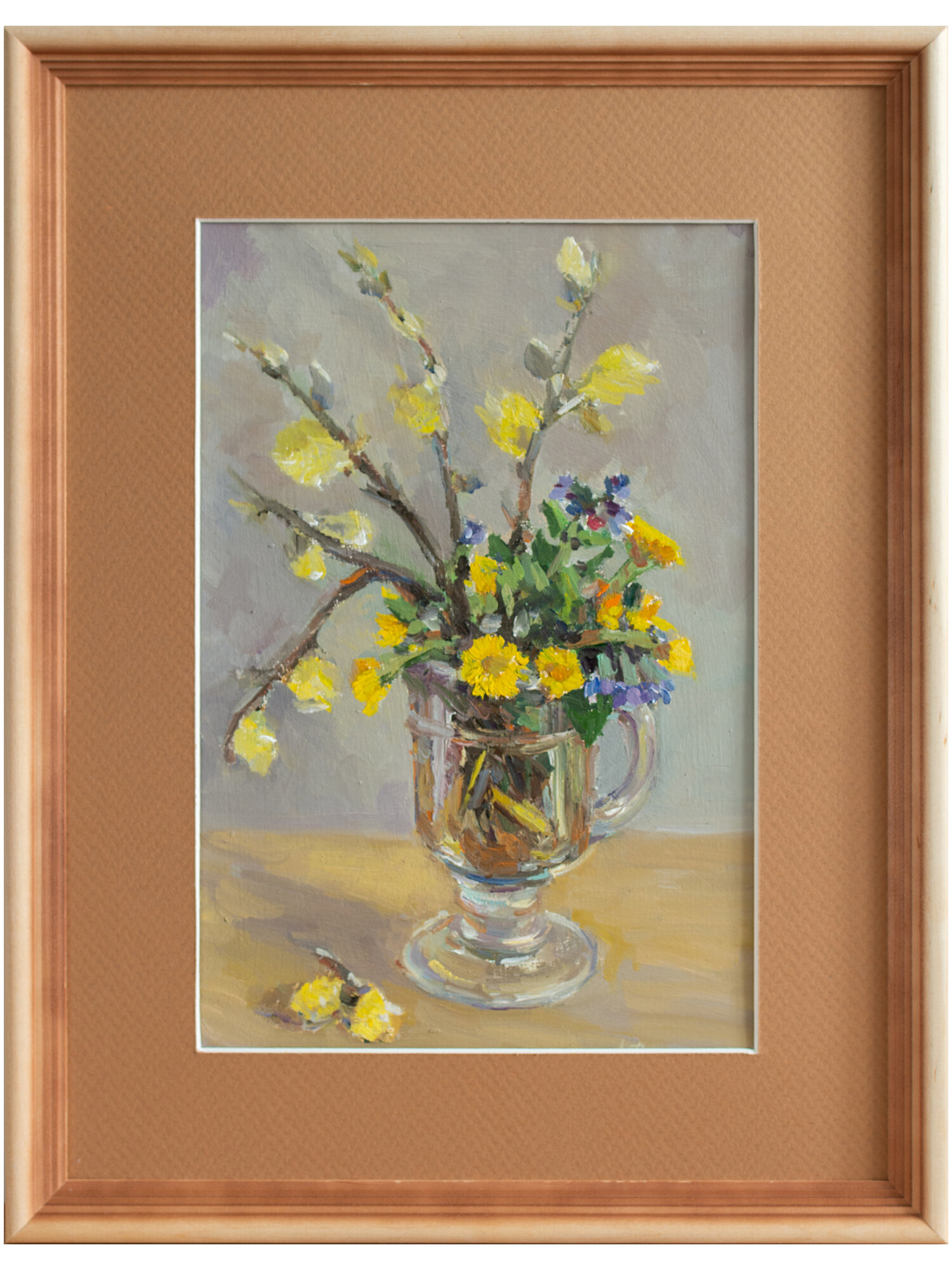 Картина маслом авторская "Букет с вербой и мать-и- мачехой" 43х33 см, ручная работа