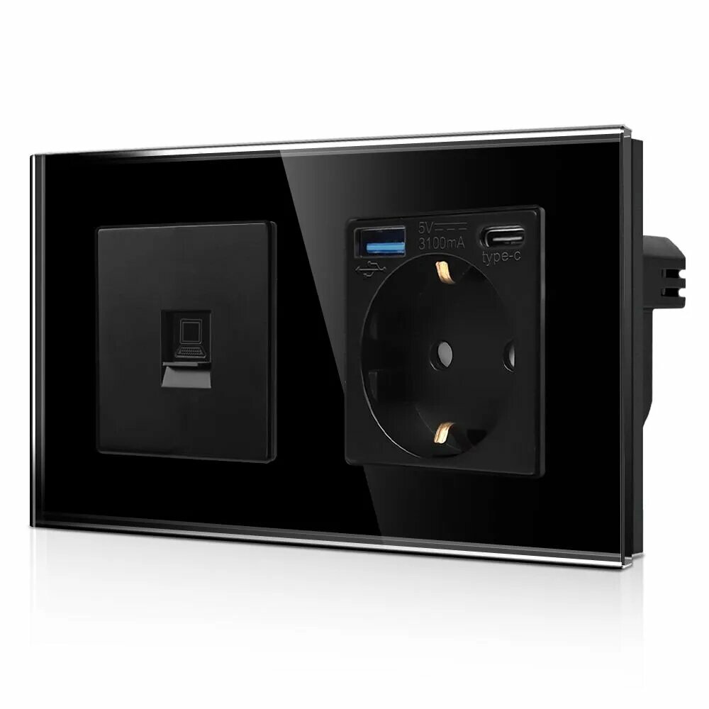 Розетка электрическая 2 поста с USB/Type-C+RJ45 Ethernet 220В 16А Стекло Рамка черный
