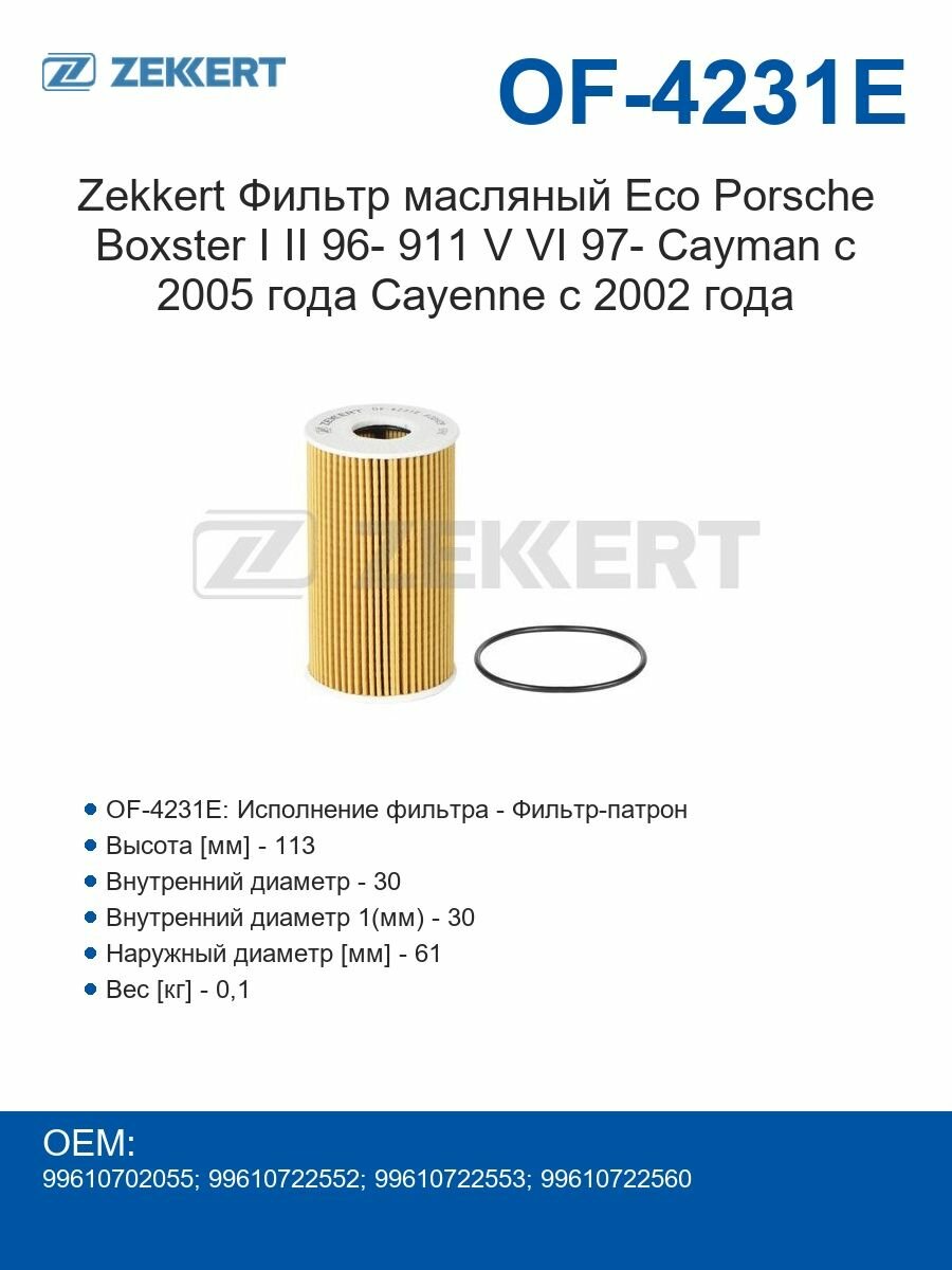 Zekkert Фильтр масляный Eco Porsche Boxster I II 96- 911 V VI 97- Cayman с 2005 года Cayenne с 2002 года