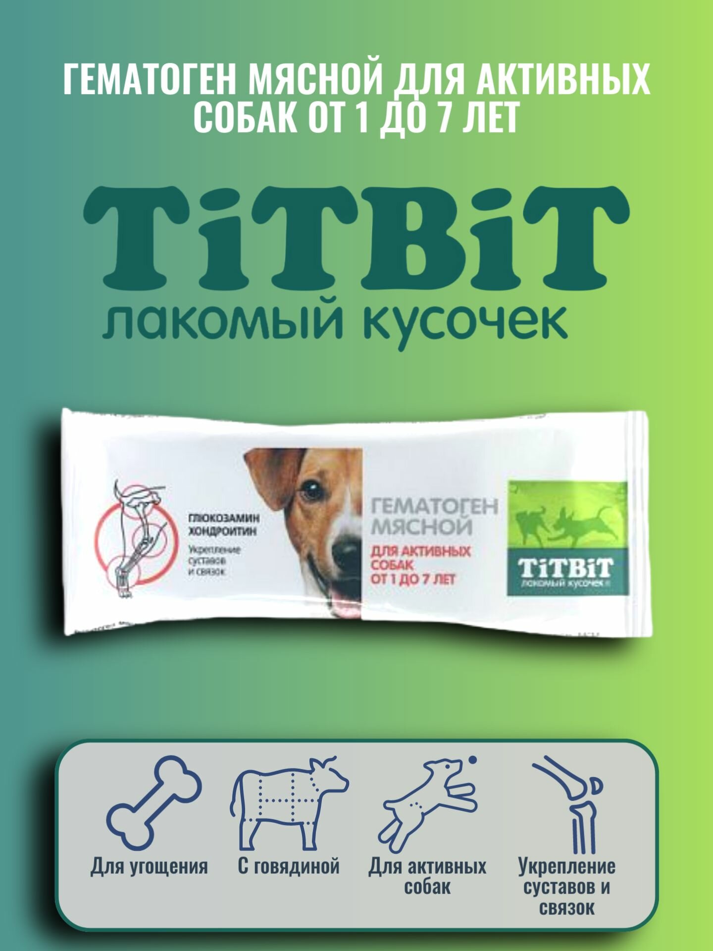 TiTBiT Гематоген мясной / Лакомство для активных собак с глюкозамином и хондроитином 35г