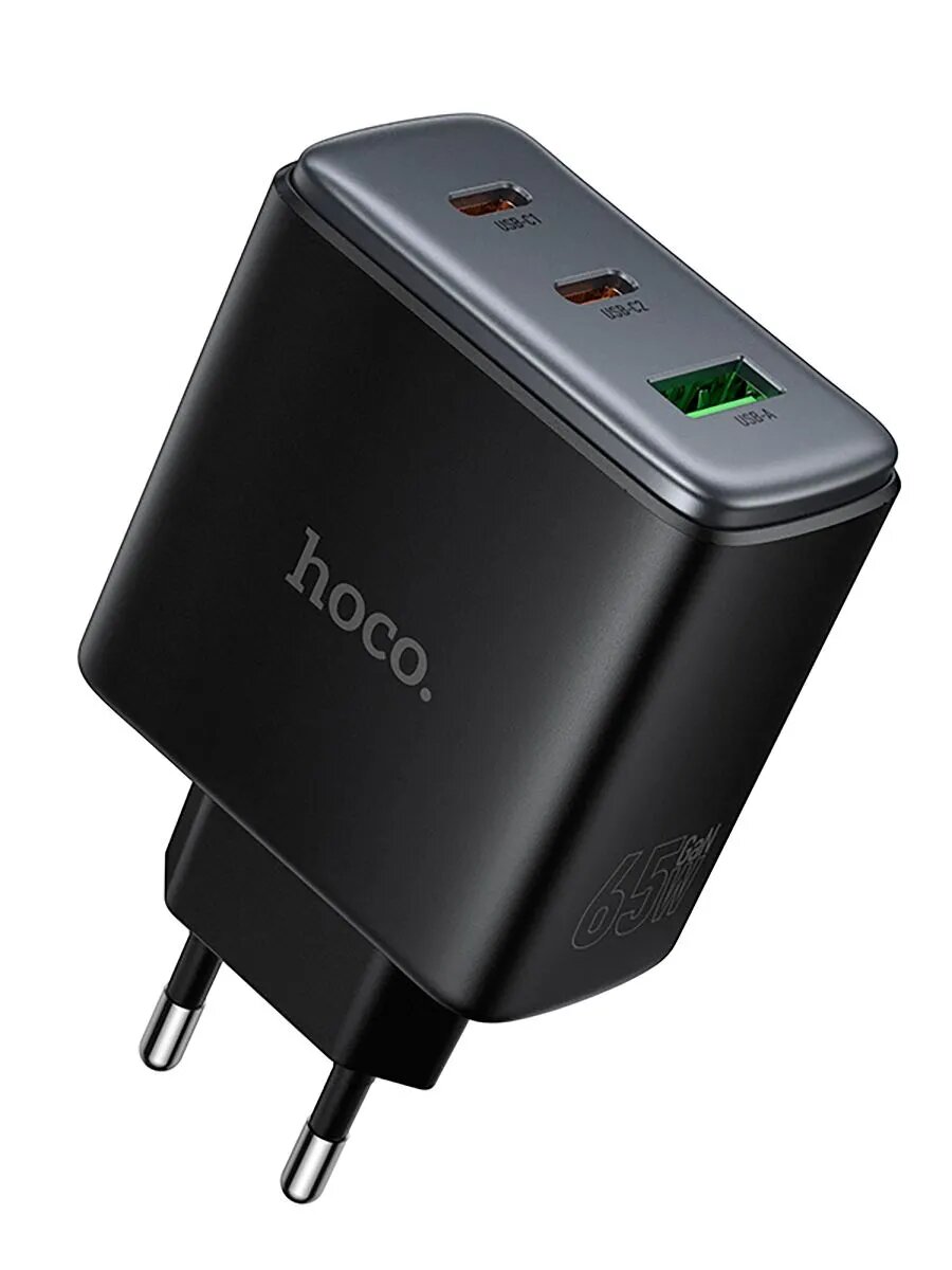 Сетевое зарядное устройство Hoco C160A GaN PD65W (2хType-C + USB-A), черный (быстрая зарядка для iPhone, Android / для ноутбуков до 65 Вт)