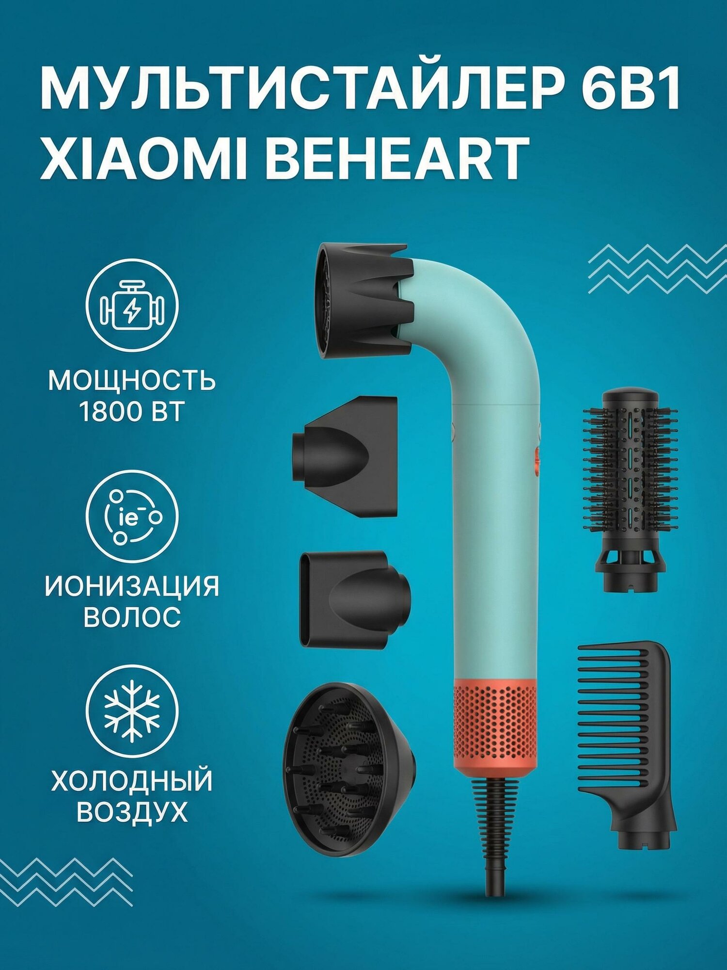 Фен для волос Xiaomi Beheart 6in1 X11 Pro, зеленый, EU, 6 в 1, многофункциональный, компактный, мощный
