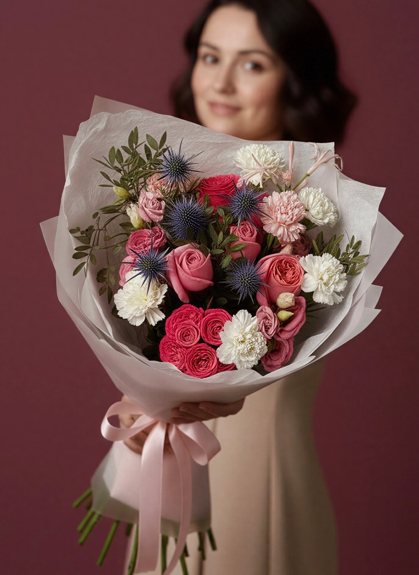 Сборный букет "Непреклонность" с эрингиумом, розами и эустомой