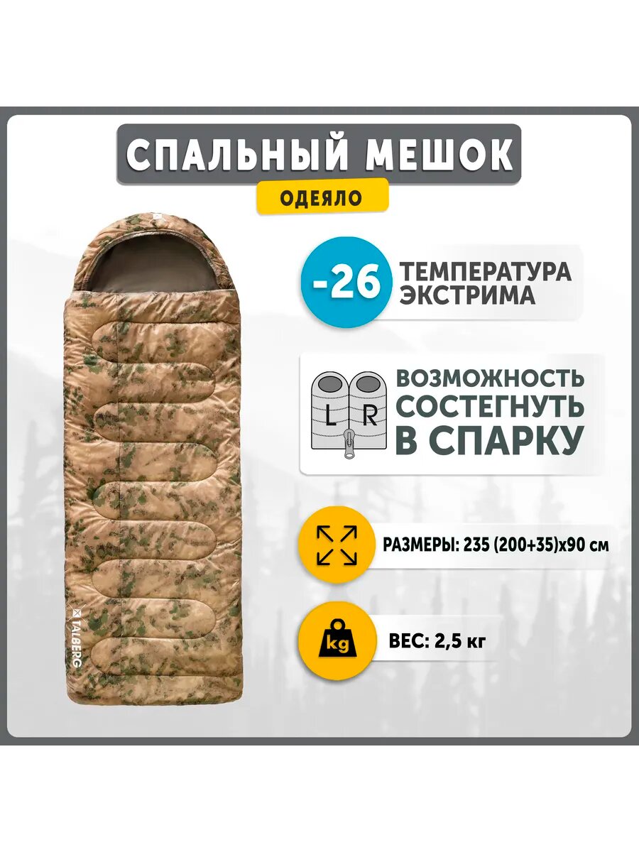 Спальный мешок зимний Talberg FORESTER -26 С, туман, правая молния