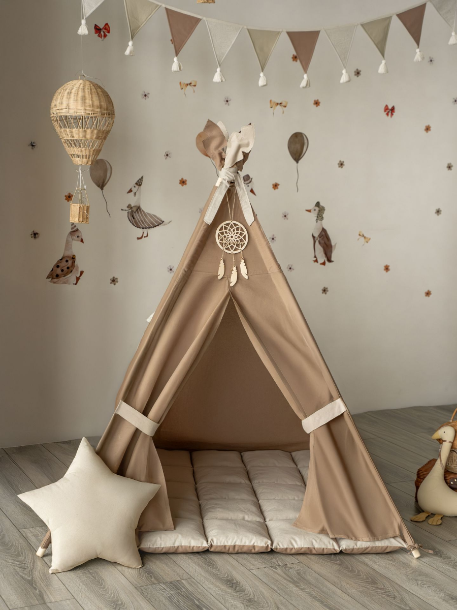 Вигвам babysmail, с ковриком, подушкой звездой, подвеской ловец снов, дерево, ткань
