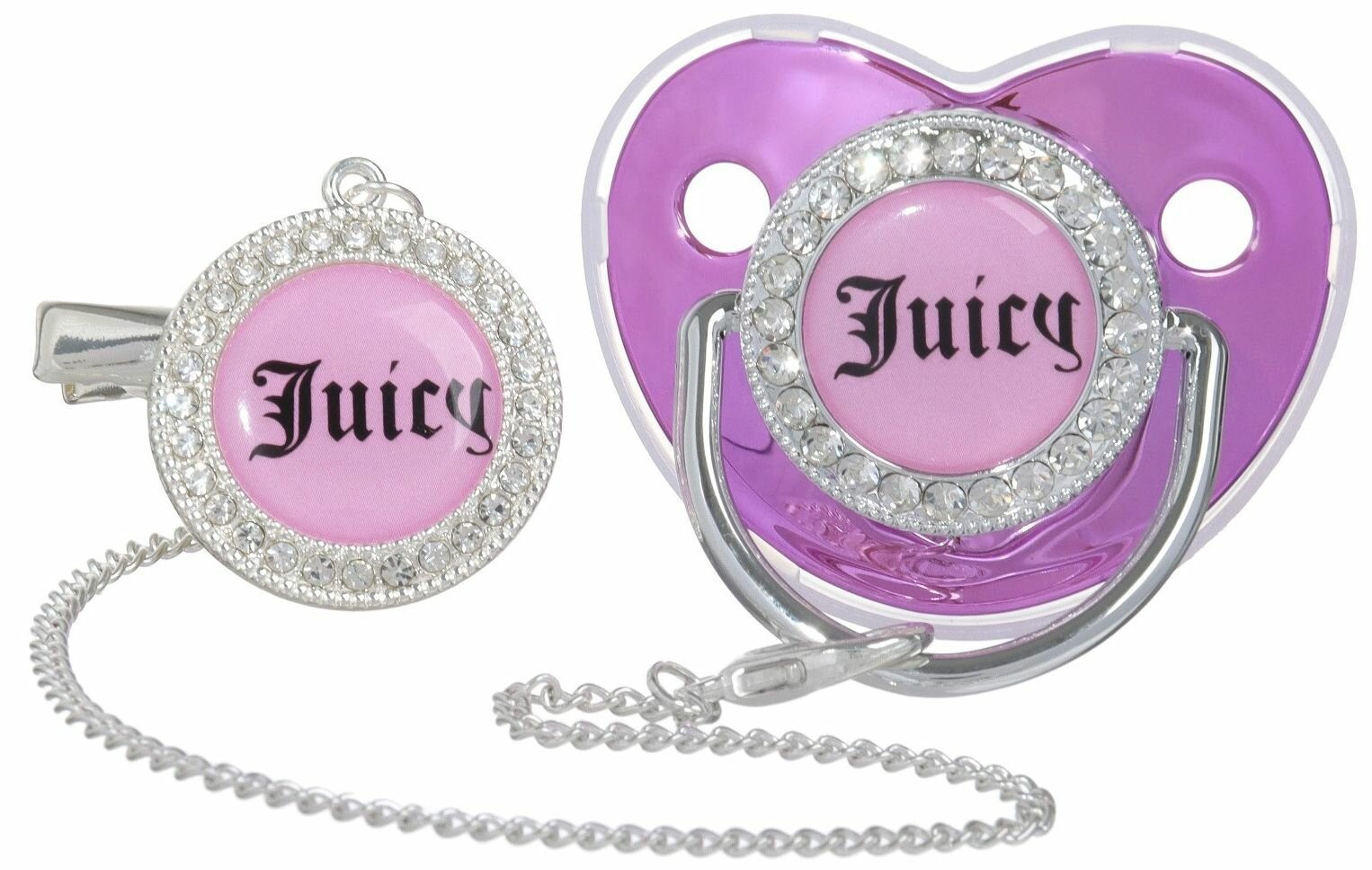 Пустышка "JUICY" с защитным колпачком и держателем, ортодонтическая силиконовая соска с прищепкой на цепочке для малышей от 6 месяцев, розовая, со стразами