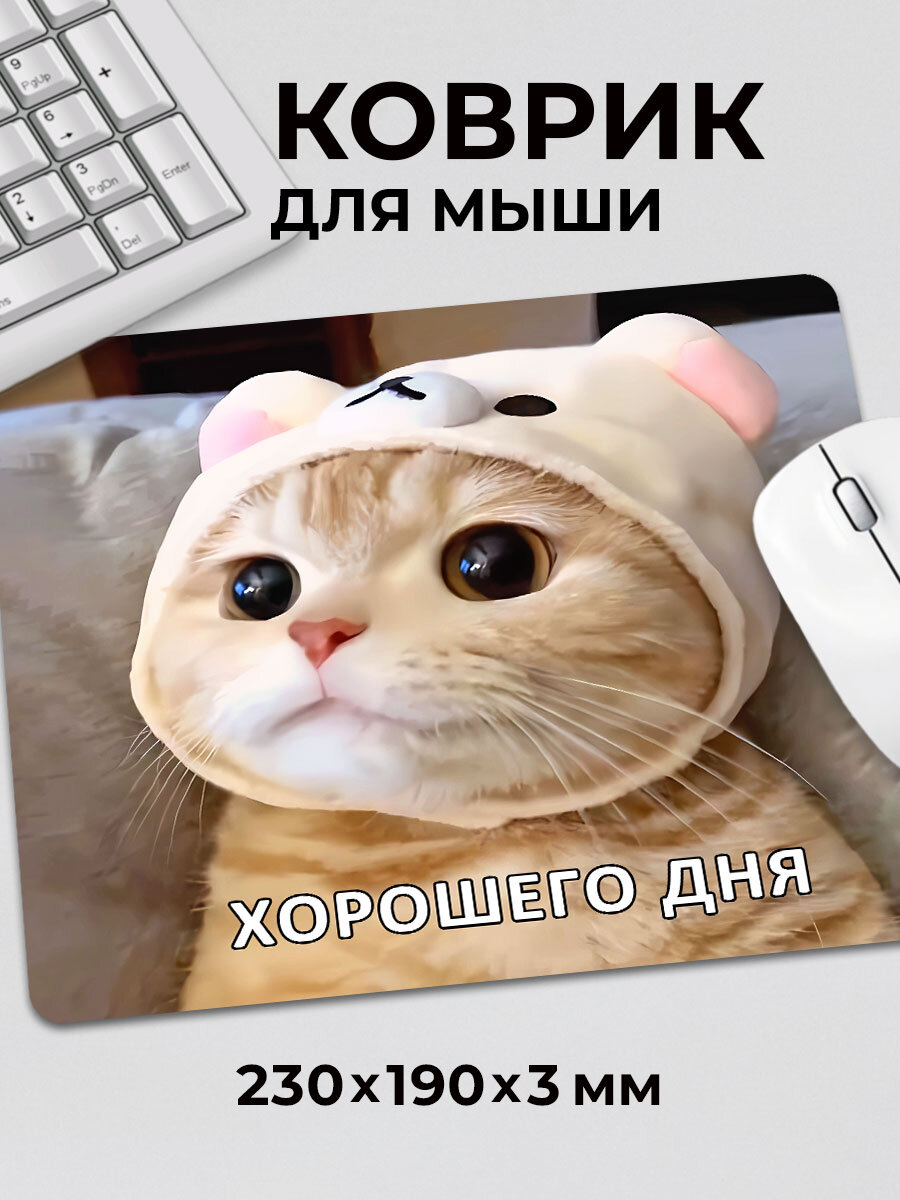 Коврик для мышки прикол мем Котик в шапочке Хорошего дня c тканевой поверхностью, на нескользящем резиновом основании