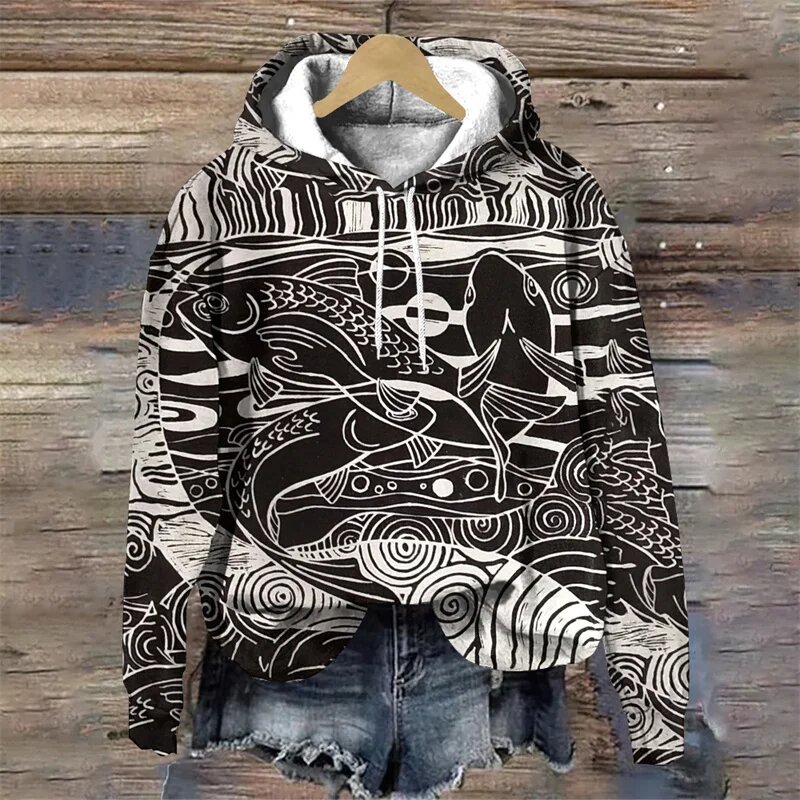 Мужской полиэстеровый свободный пуловер с 3D принтом Sea Animal Pattern L, Черный, черный