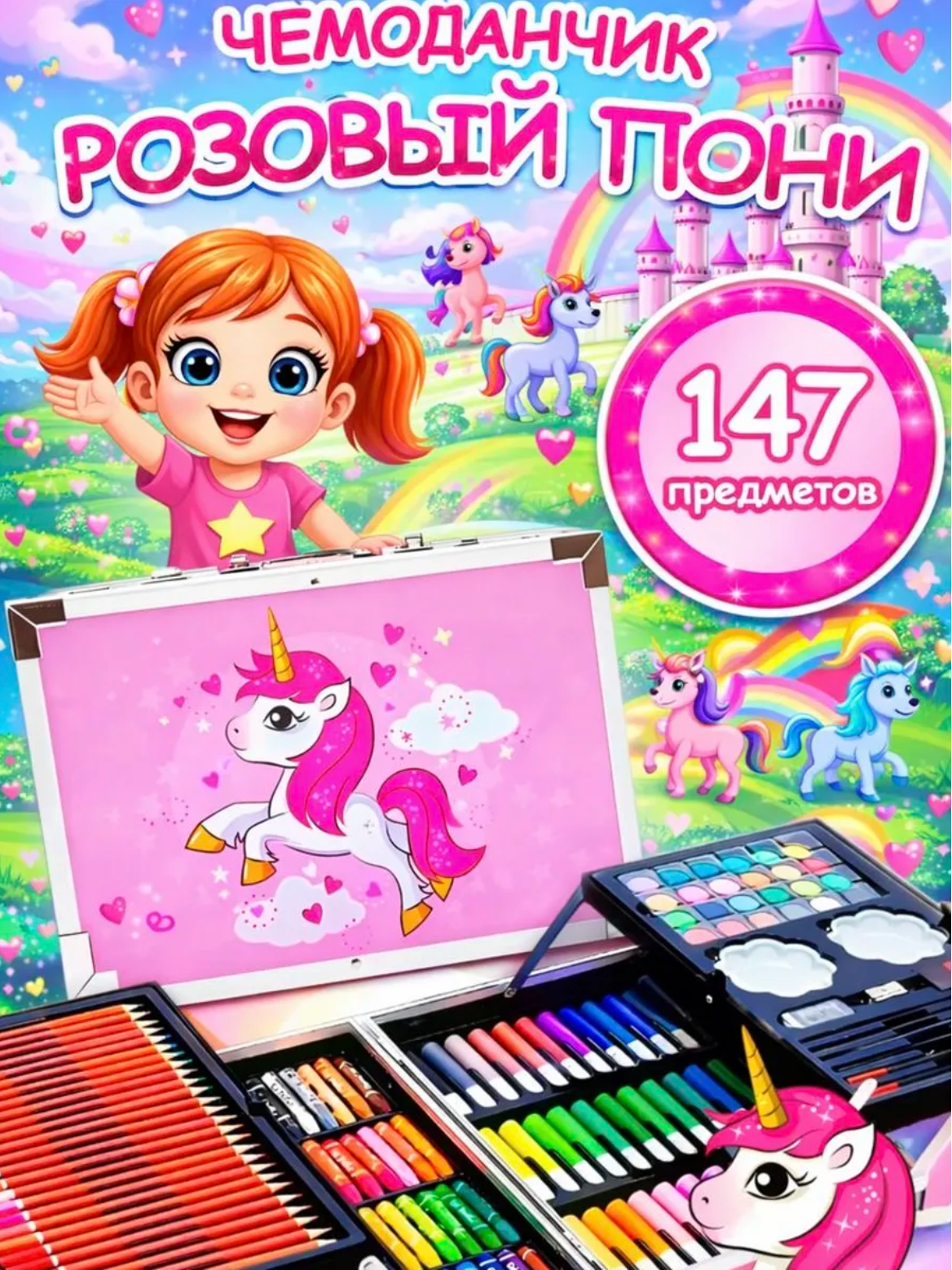 Набор для рисования, набор юного художника Розовый Единорог / Чемодан творчества Розовый Пони / розового цвета