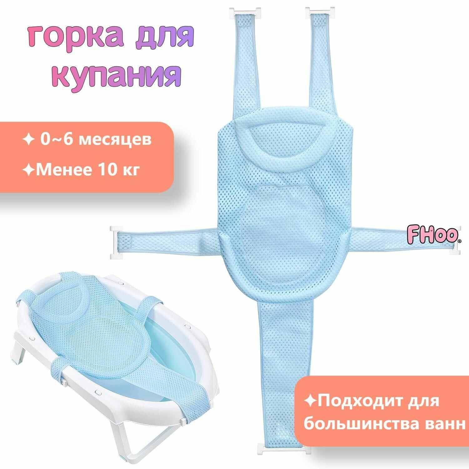 Гамак для купания новорожденных MELL в ванночку / мягкая горка с креплениями для поддержки для малышей / купальный матрасик - подставка для мытья ребенка