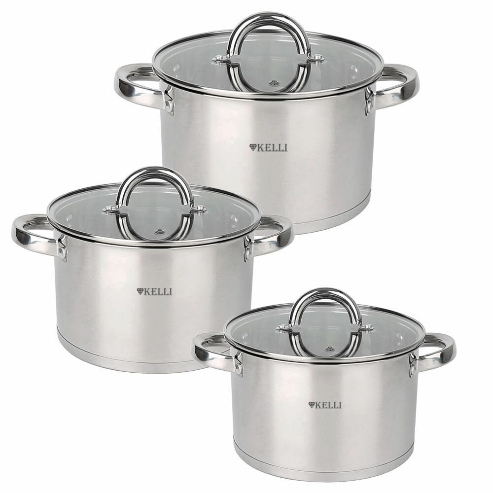 Набор из 3 кастрюль из нержавеющей стали с толстым дном с крышками 1.8л, 2.5л, 3,5л Kelli для газовых и индукционных плит