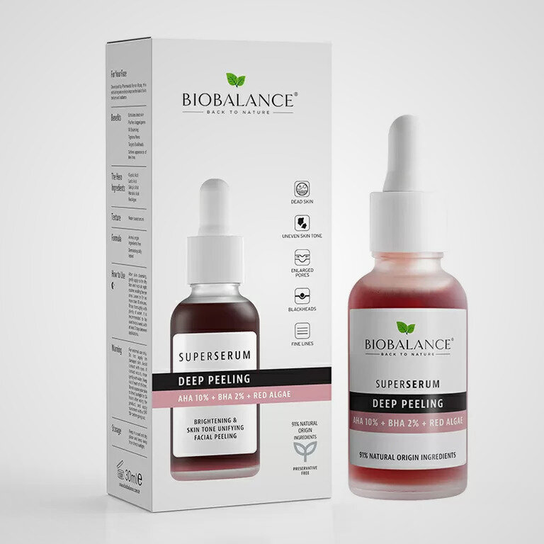 Сыворотка для лица с кислотами АНА 10% + ВНА 2% + красные водоросли 30 мл BIOBALANCE SUPER SERUM DEEP PEELING AHA 10% + BHA 2% + RED MOSS Сыворотка 30 мл