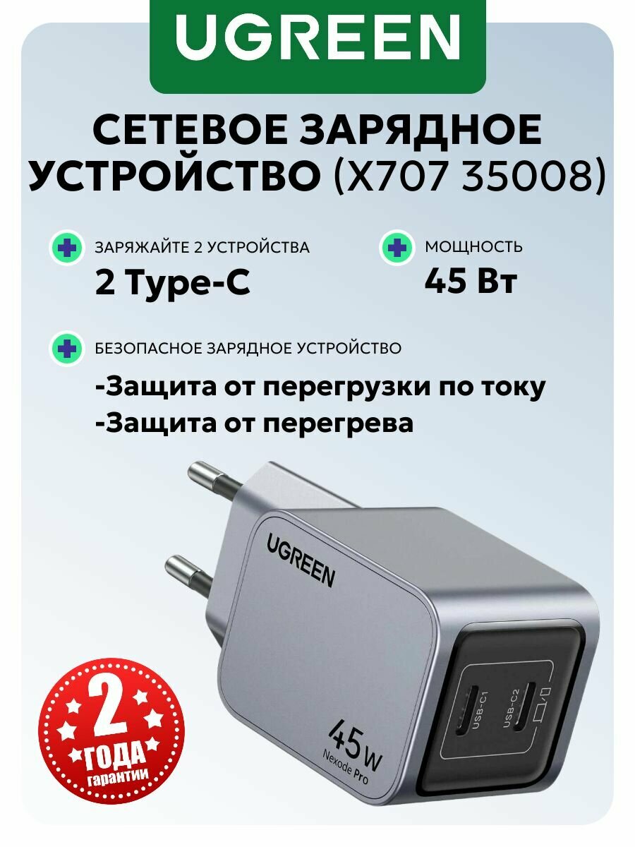 Сетевое зарядное устройство UGREEN X707 35008 Nexode Pro 45W USB-C+USB-C GaN Fast Charger, Space Gray