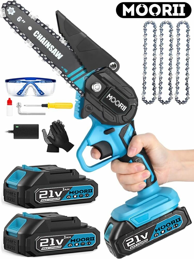 Пила аккумуляторная цепная / аккумуляторная пила цепная/ Беспроводная мини электропила садовая 1800 Вт, 6 дюймов, в комплекте 2 АКБ , 2 цепи